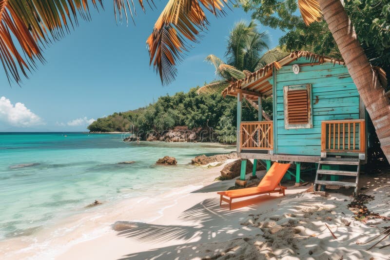 Tropical Beach Cabin with Palm Trees and Clear Turquoise Waters Stock ...