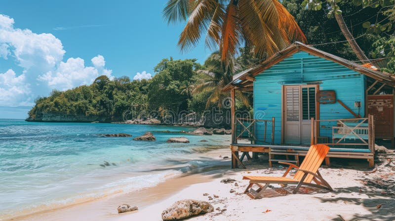 Tropical Beach Cabin with Palm Trees and Clear Turquoise Waters Stock ...