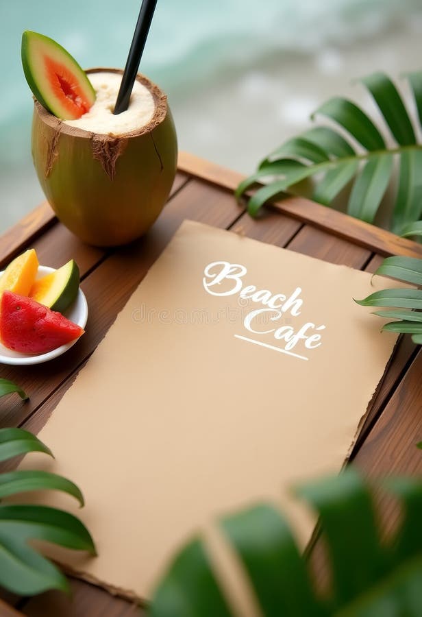 Tropical Beach Cafe Menu Scene with Fresh Coconut Drink and Exotic ...