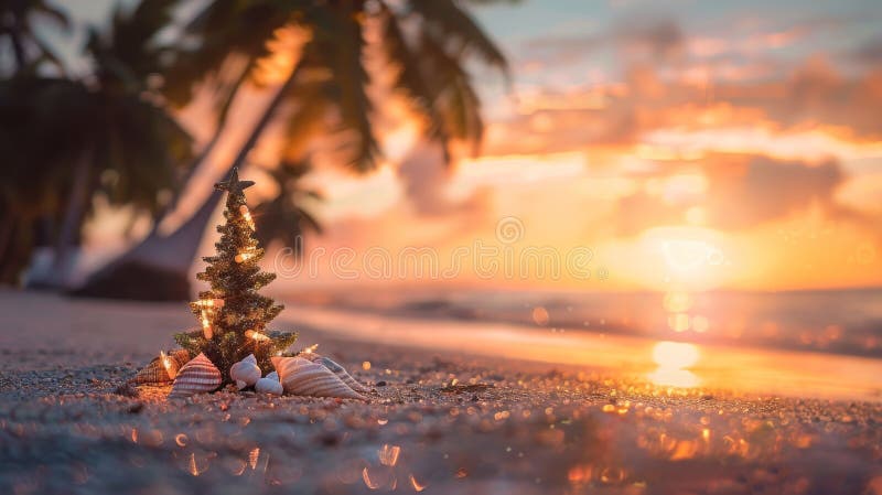 Tropical Beach Christmas Tree with Shell Decorations at Sunset Stock ...