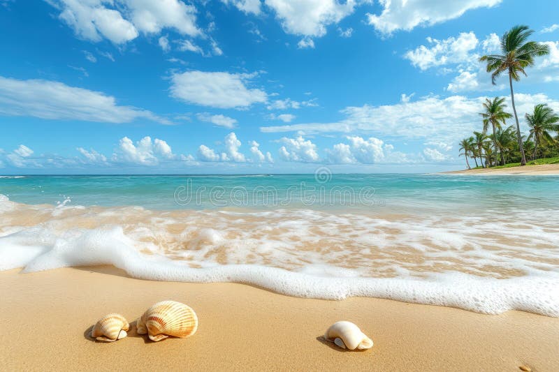 Turquoise Wave Crashes on Sandy Beach with Shells Stock Photo - Image ...