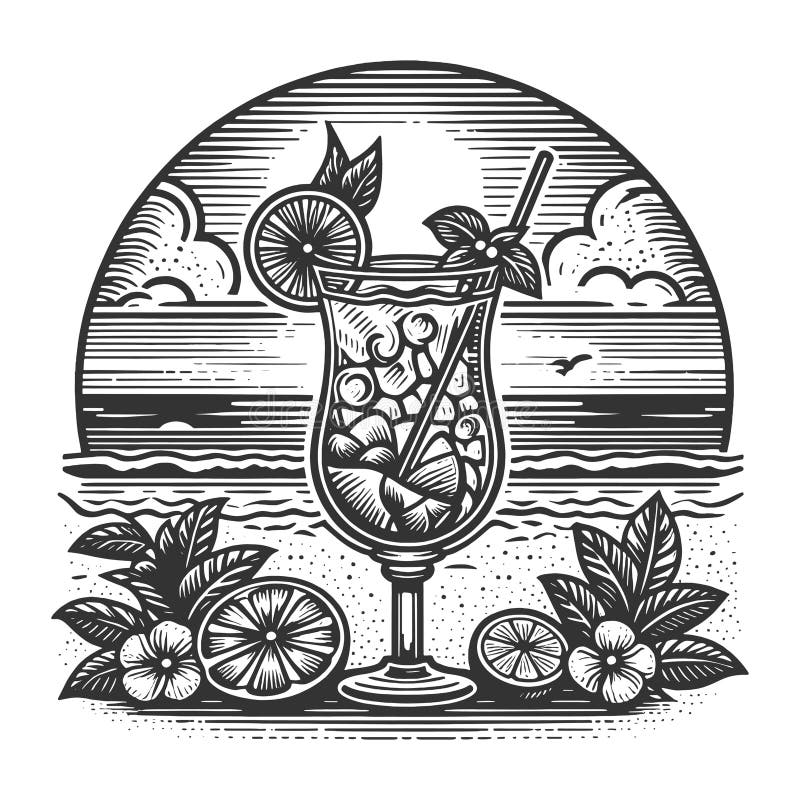 Tropical Beach Cocktail and Fruit Engraving Vector Stock Vector ...