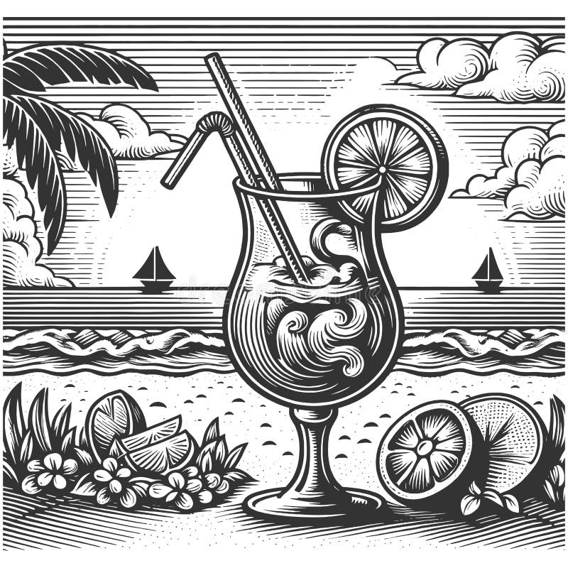 Tropical Beach Cocktail and Fruit Engraving Vector Stock Vector ...