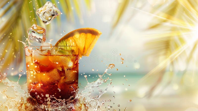 Tropical Beach Cocktail Splash with Ice and Orange Slice Stock Photo ...