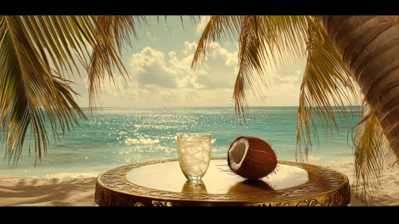 Tropical Beach with Coconut and Ice Drink Stock Illustration ...