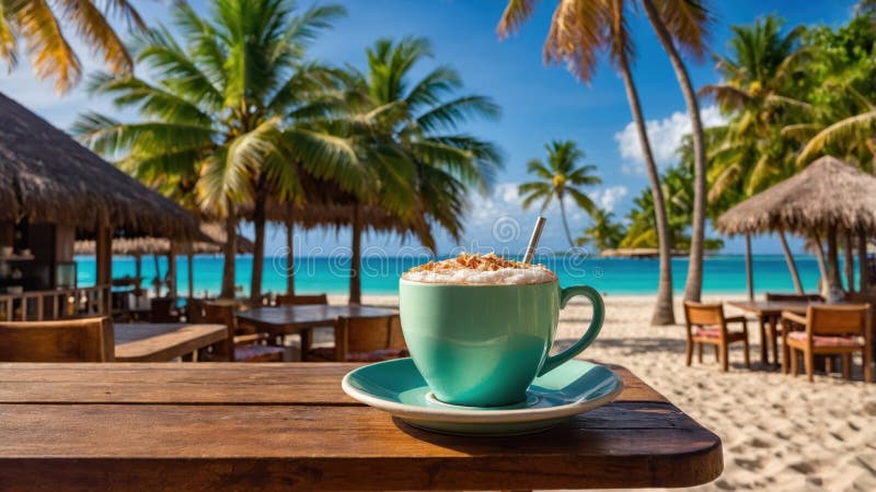 Tropical Beach Coffee Break with Ocean View Stock Image - Image of wood ...