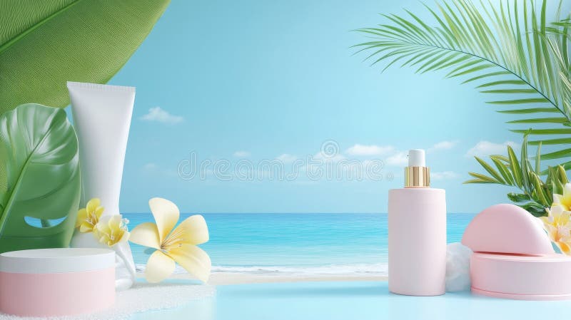 Tropical Beach Cosmetic Mockup Cream, Lotion and Tropical Leaves,beach ...