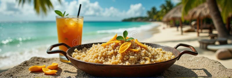 Tropical Beach with Couscous Dish and Refreshing Drink Under Palm Trees ...