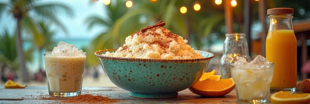 Tropical Beach Dessert Scene with Rice Pudding and Refreshing Drinks ...