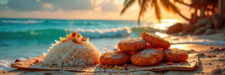 Tropical Beach Dining with Rice and Patties at Sunset Stock Photo ...