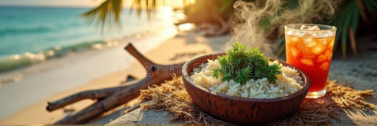 Tropical Beach Dining: Steaming Rice and Iced Tea at Sunset Stock Image ...