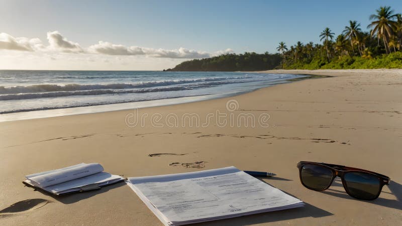 Tropical Beach Escape with Work Documents Left Behind for Relaxation ...