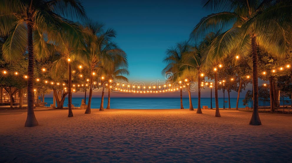 Tropical Beach Evening with String Lights and Palm Trees at Sunset ...