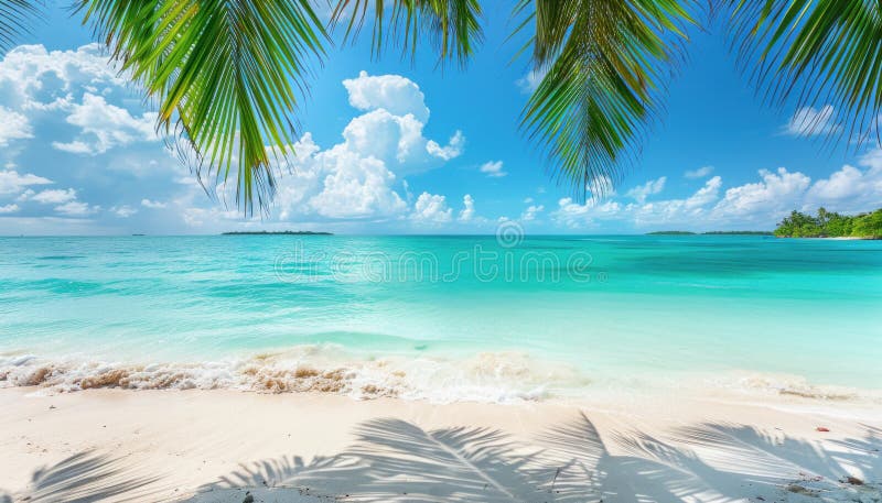 The Tropical Beach Features Palm Trees Casting Shadows on the Sand ...
