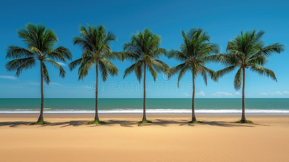 Tropical Beach with Five Palm Trees and Clear Blue Sky Stock Image ...