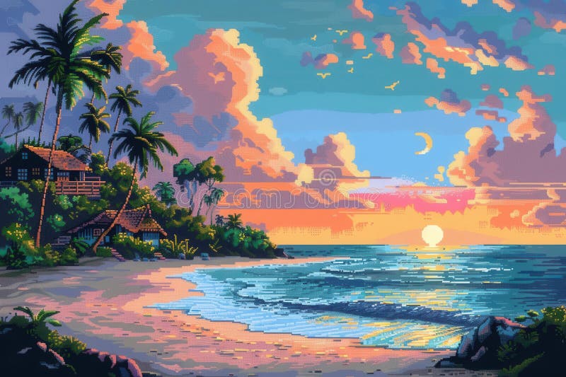 Tropical Beach Flat Design Front View Exotic Theme Pixel Art Cartoon ...
