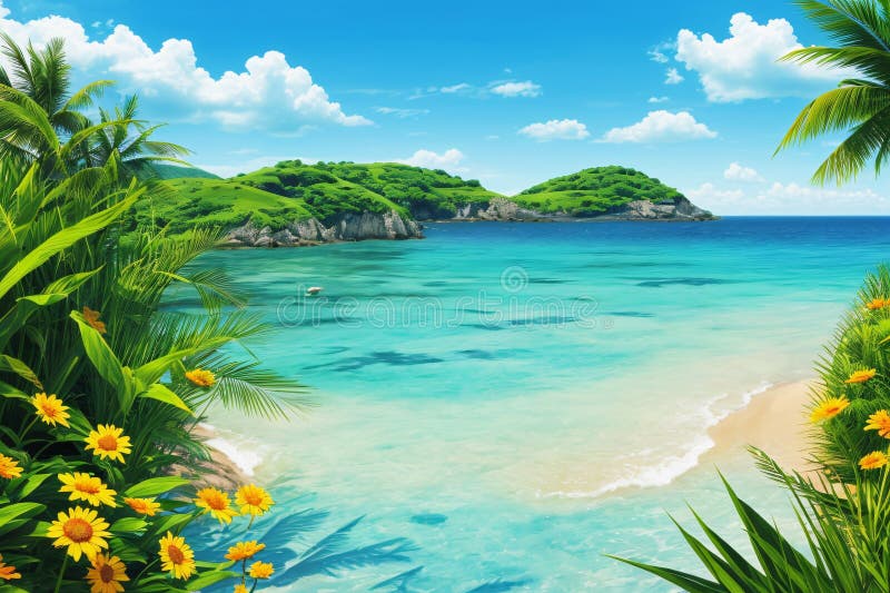 Beach With Palm Trees And Sea Background Stock Illustration