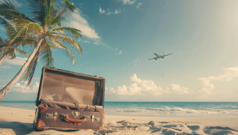 Tropical Beach Getaway: Open Suitcase with Plane Taking Off in Paradise ...