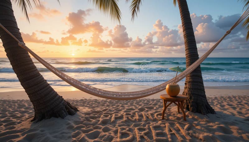 Tropical Beach Hammock at Sunset for Spring Break Relaxation Stock ...