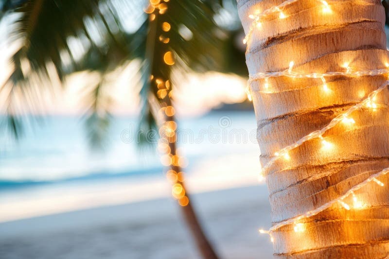 Tropical Beach Holiday: Palm Tree Adorned with Twinkling Lights at Sunset Stock Photo - Image of ...