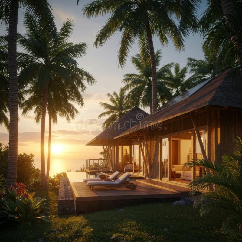 Tropical Beach House at Sunset with Ocean View Stock Illustration ...