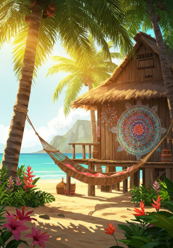 Tropical Beach Hut with Hammock and Mandala Artwork Stock Image - Image ...