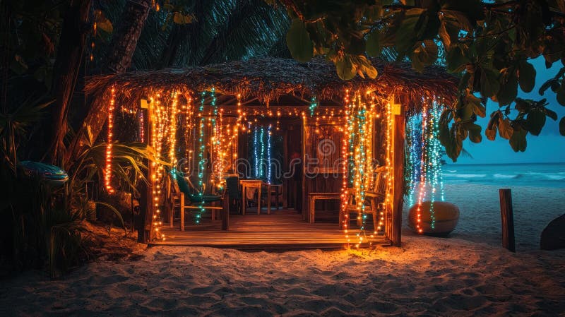 Tropical Beach Hut at Night Decorated with Colorful String Lights Stock ...