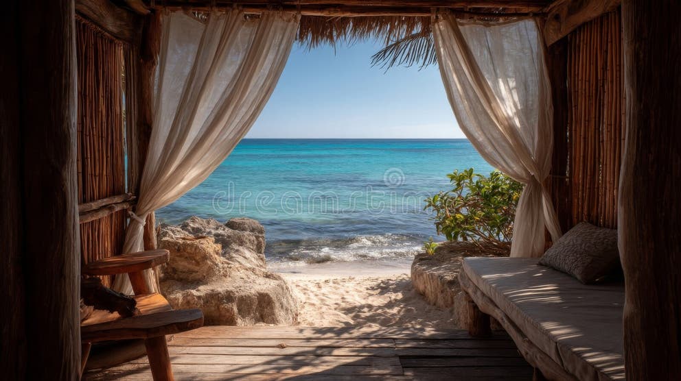 Tropical Beach Hut with Ocean View Stock Illustration - Illustration of ...