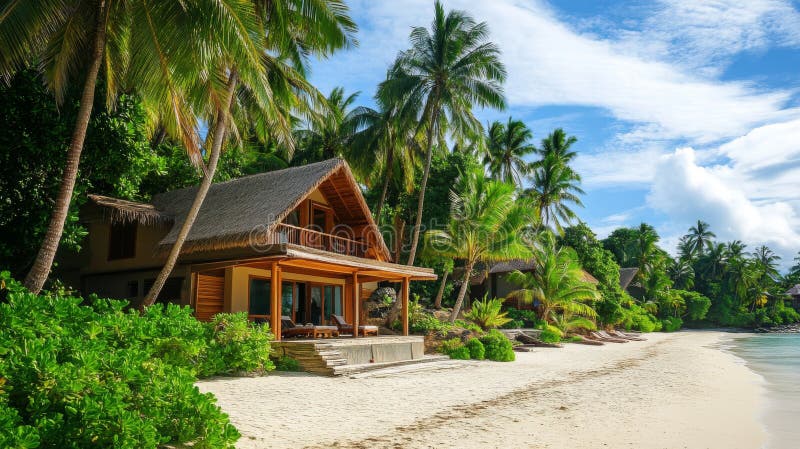 Tropical Beach Hut with Palm Trees and White Sand Stock Illustration ...