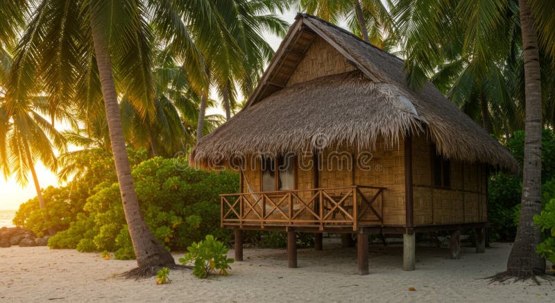 Tropical Beach Hut at Sunset Stock Illustration - Illustration of ...
