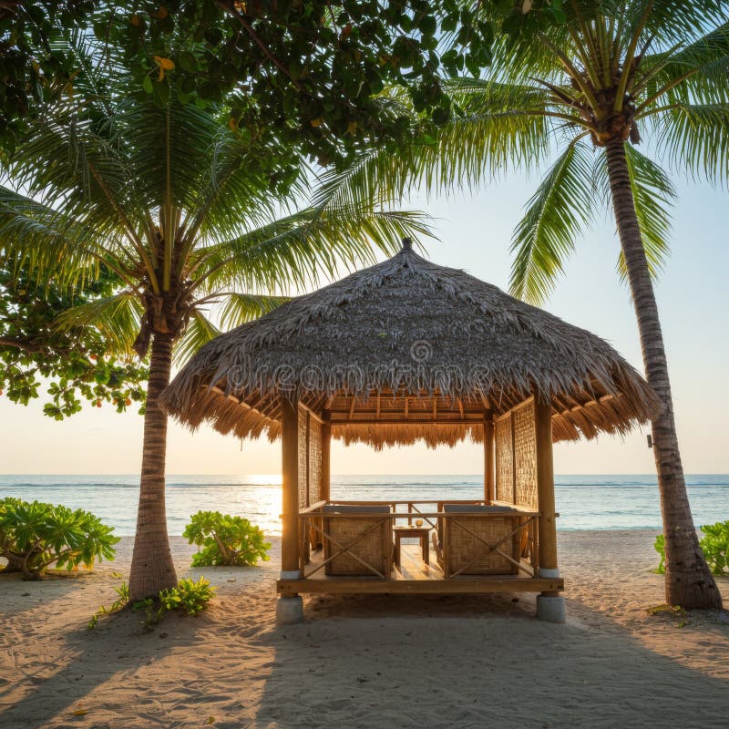 Tropical Beach Hut at Sunset Stock Illustration - Illustration of ...