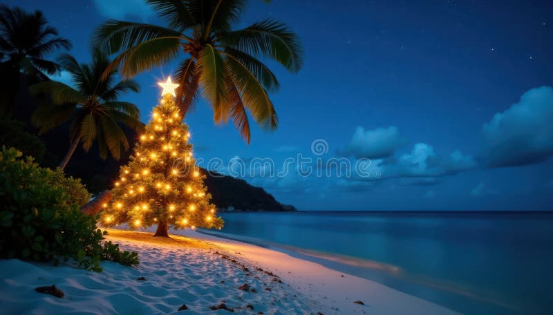 Tropical Beach with Isolated Christmas Tree Illuminated by Starry Night ...