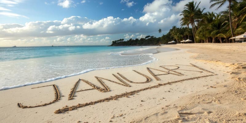 Tropical Beach with January Written in Sand Under Sunny Skies Stock ...