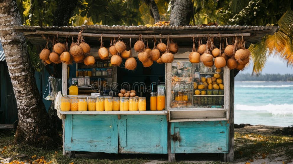 Tropical Beach Juice Stand with Coconuts and Ocean View Stock ...