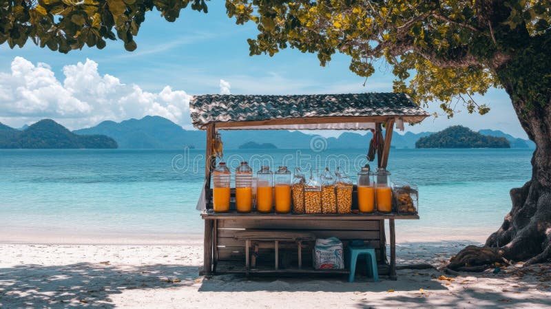 Tropical Beach Juice Stand Under Shady Tree Stock Illustration ...