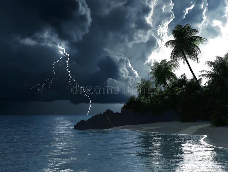 Tropical Beach Lightning Storm, Dramatic Lighting, Dark Sky, Night ...