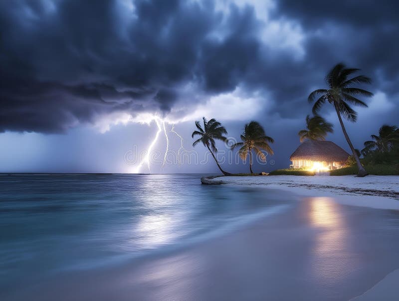 Tropical Beach, Lightning Storm, Dramatic Lighting, Night Scene Stock ...