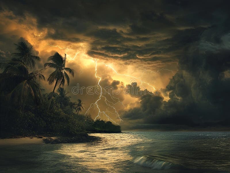 Tropical Beach, Lightning Storm, Dramatic Sky, Ocean Scene Stock ...