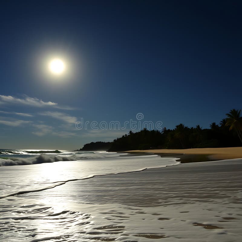 A Tropical Beach Lit by Moonlight, with Waves Gently Crashing on the Shore Stock Illustration ...