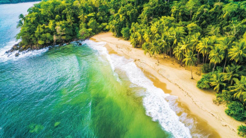Tropical Beach with Lush Greenery and Palm Trees Along the Shoreline ...