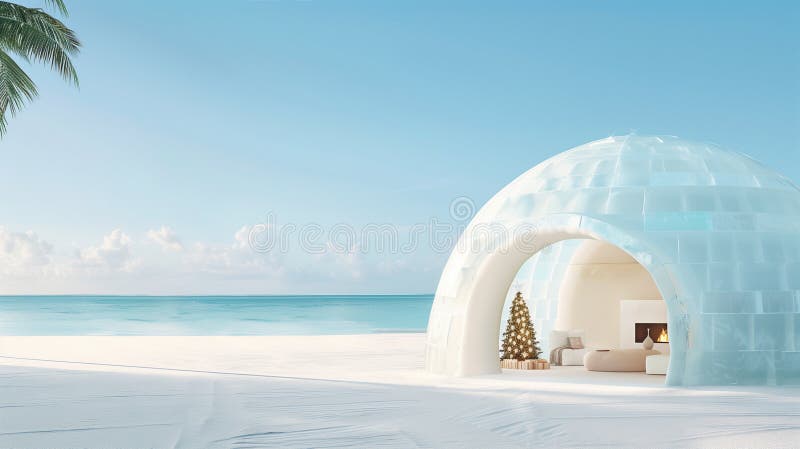 Tropical Beach with Modern Igloo and Christmas Holiday Decorations ...