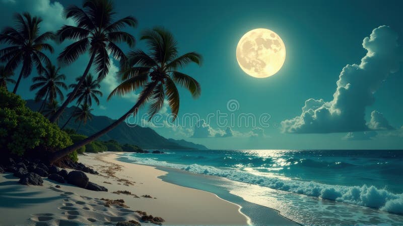 Tropical Beach at Night with Full Moon Stock Illustration ...