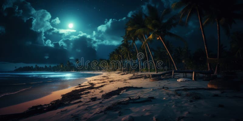 Tropical Beach at Night with Palms and Bungalows. Seascape Stock Image ...