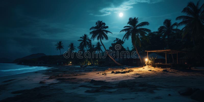 Tropical Beach at Night with Palms and Bungalows. Seascape Stock Photo ...