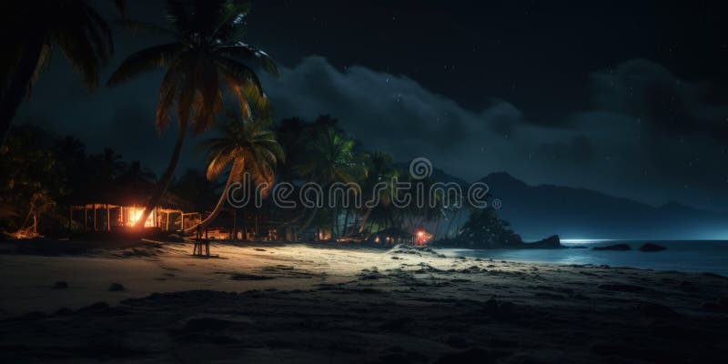 Tropical Beach at Night with Palms and Bungalows. Seascape Stock Image ...