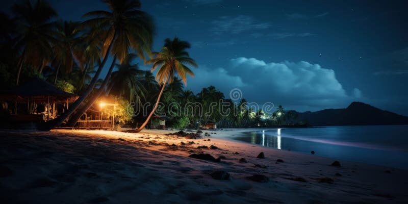 Tropical Beach at Night with Palms and Bungalows. Seascape Stock Image ...