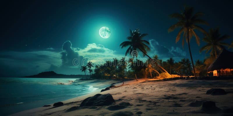 Tropical Beach at Night with Palms and Bungalows. Seascape Stock ...