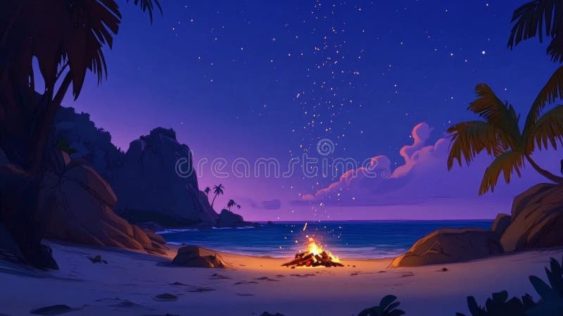 Tropical Beach Night Scene with Bonfire Under Starlit Sky Stock ...