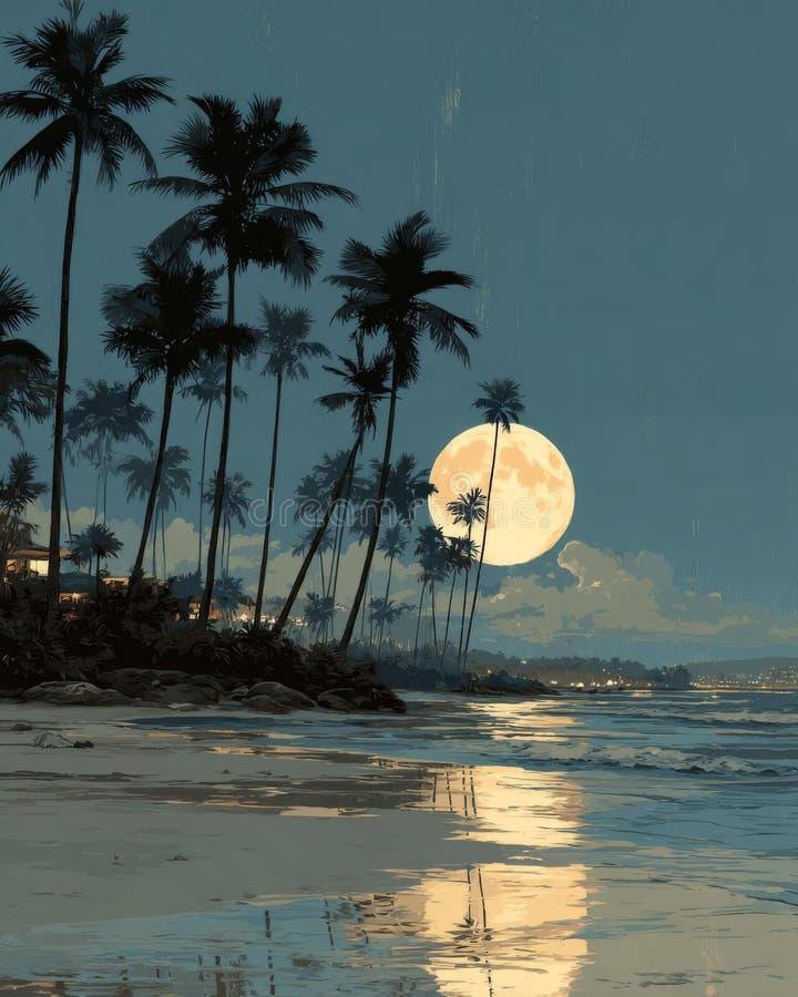 Tropical Beach Night Scene with Full Moon and Palm Trees Stock ...