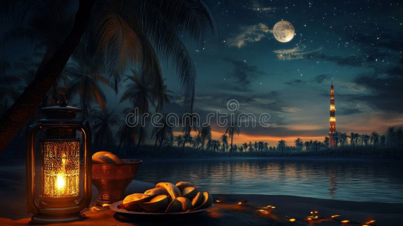 Tropical Beach Night Scene with Lantern and Fruit Stock Illustration ...